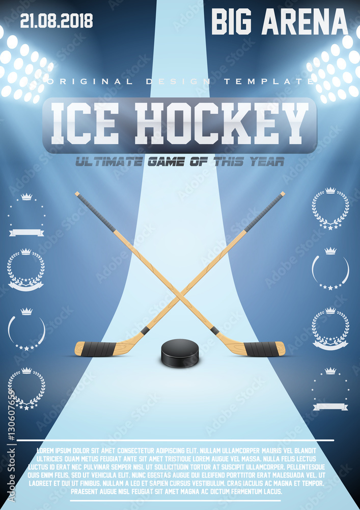 Poster Template Ice Hockey Games with sticks and puck. Cup and ...