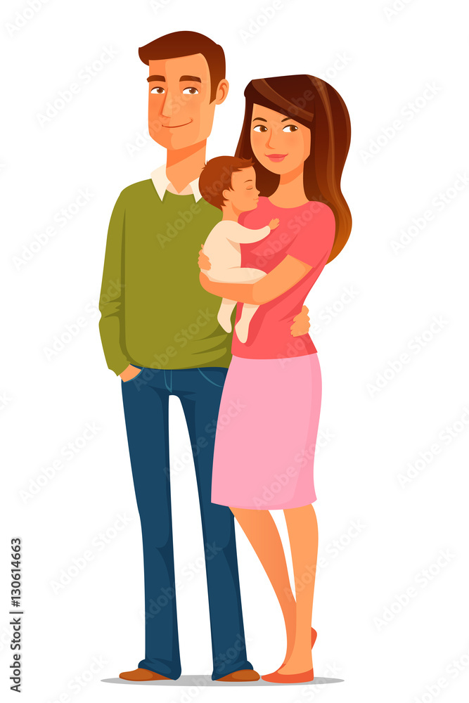 cartoon illustration of a young happy family Stock Vector | Adobe Stock