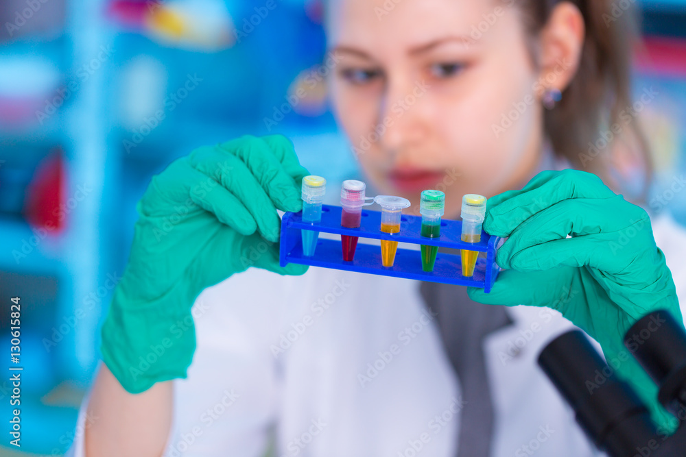 Woman technician with multipipette in genetic laboratory PCR research ...