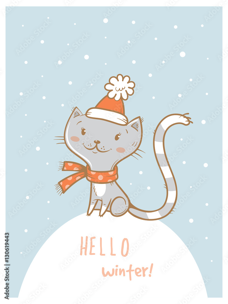 Card with cute cartoon gray cat in scarf and hat. Winter time. Snow day ...