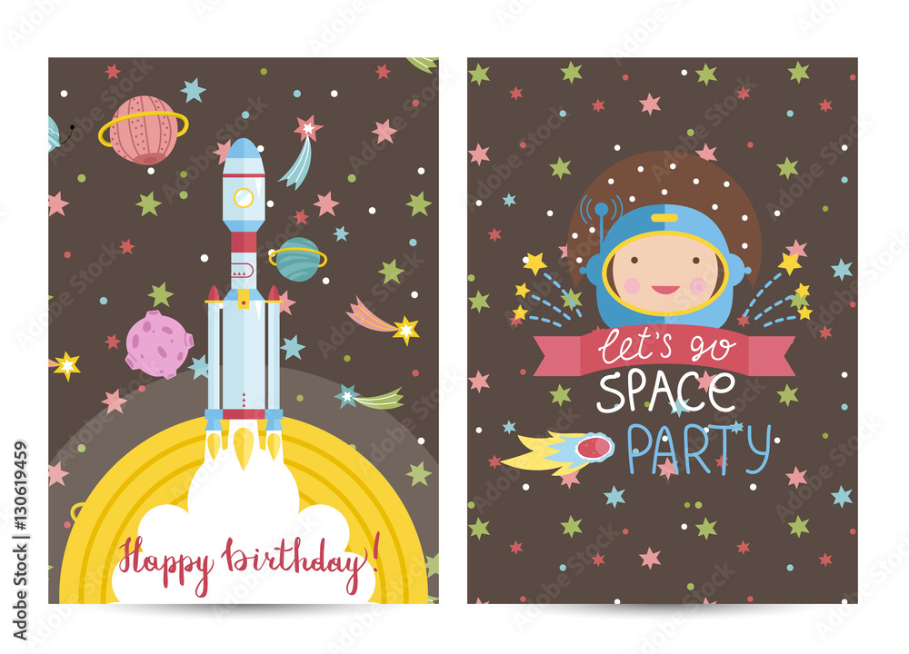 Happy birthday cartoon greeting card on space theme. Rocket flying in ...
