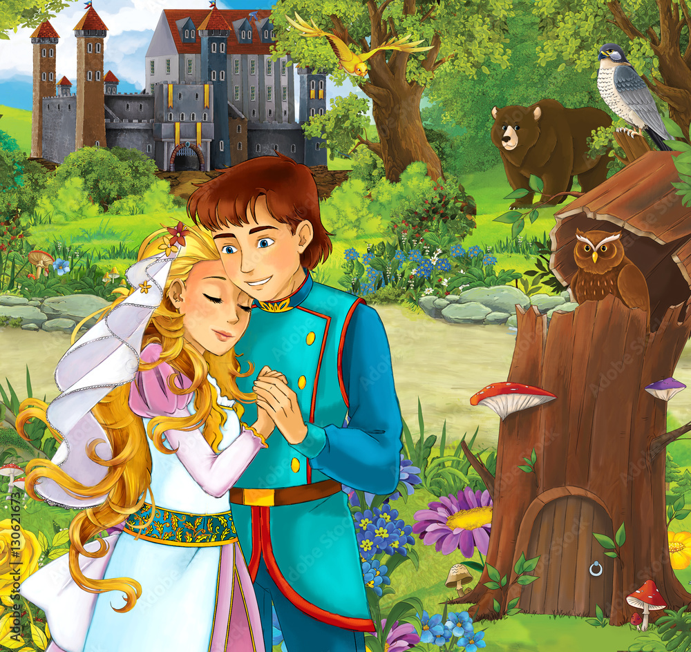 Cartoon scene with beautiful prince and princess in front of some ...