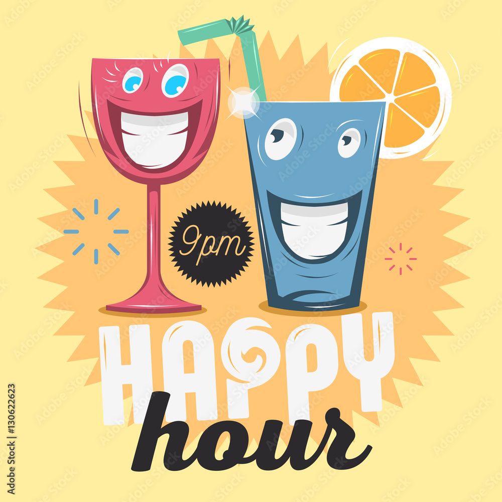 Happy Hour. Cool Funny Cartoon Illustration Of Smiling Glass Cha Stock ...
