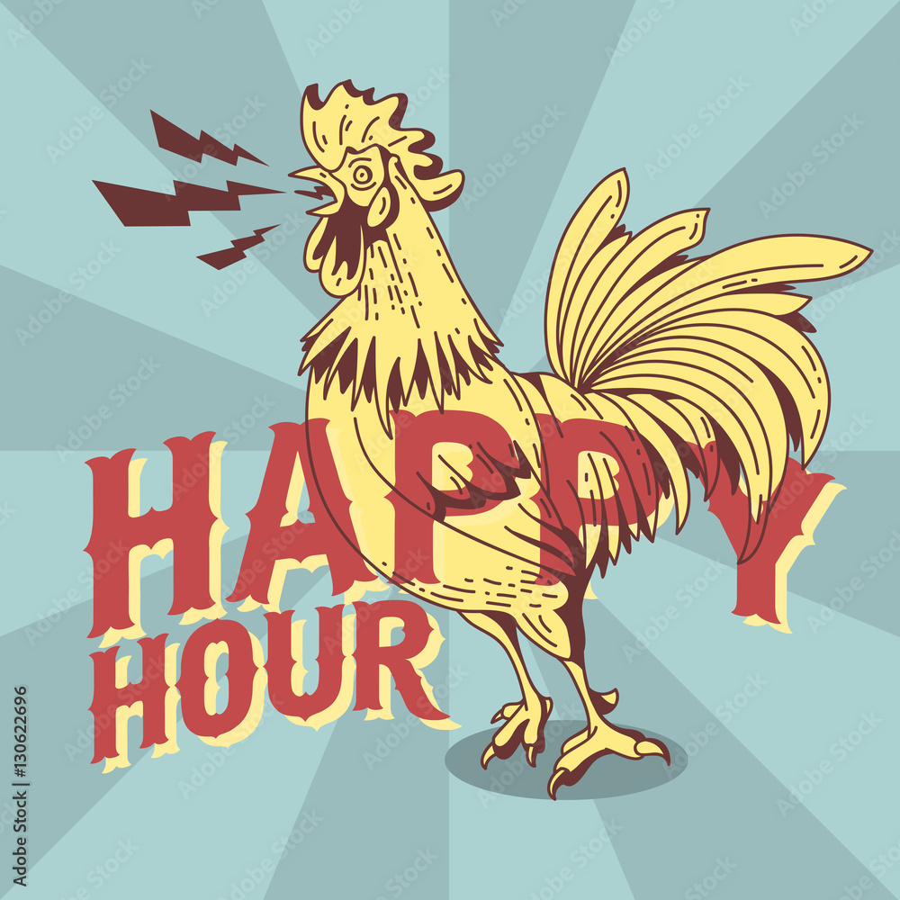 Happy Hour New Vintage Poster Design With Crowing Rooster Drawin Stock ...