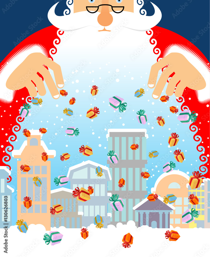 Santa Claus rain gifts in city. Christmas in town. Snow and buil Stock ...