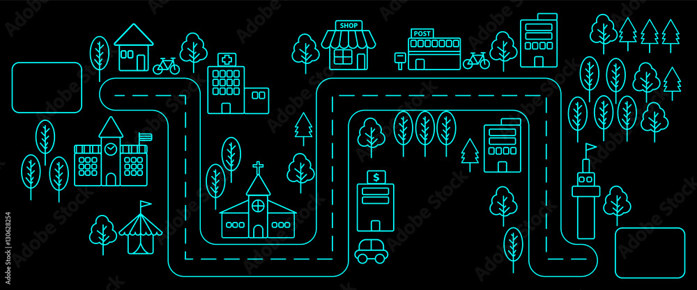 Simple neon blue line urban town map in flat design on black background ...