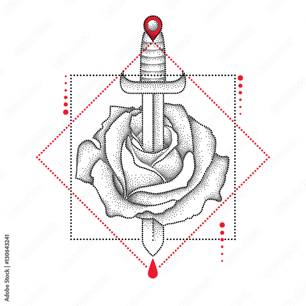 Vector drawing of dotted rose flower, knife, drop and geometric form in ...