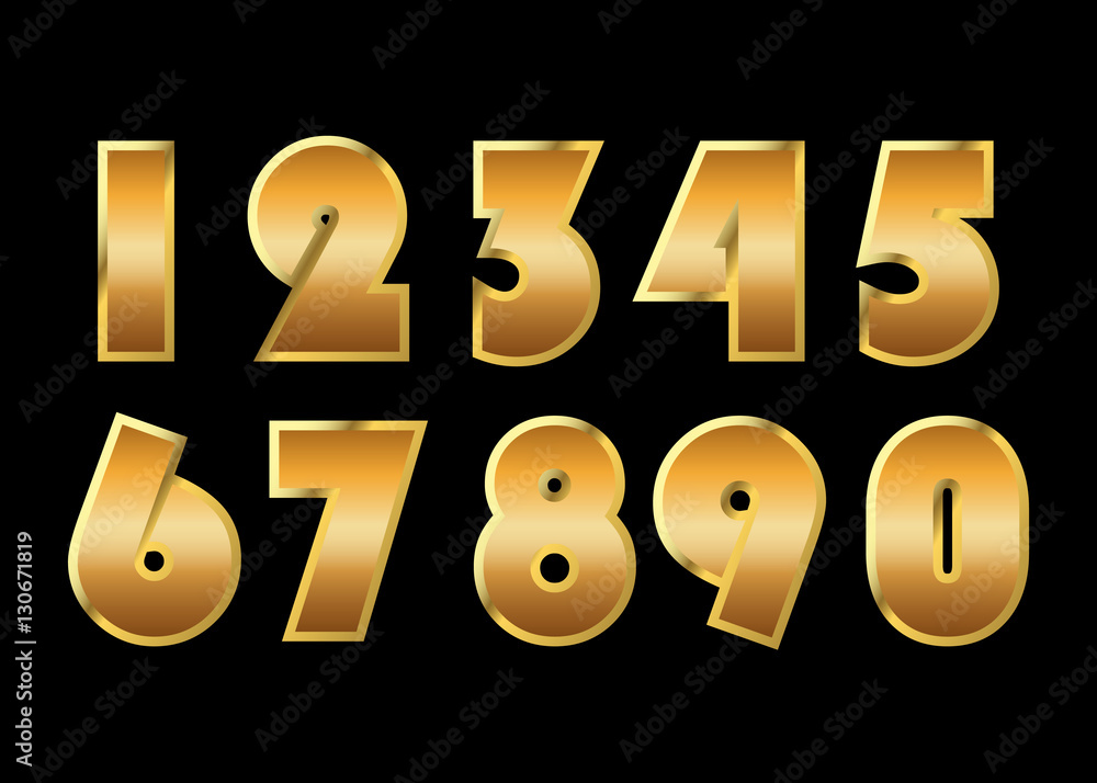 Gold 3d metallic numbers set. Golden metal texture font, isolated on ...