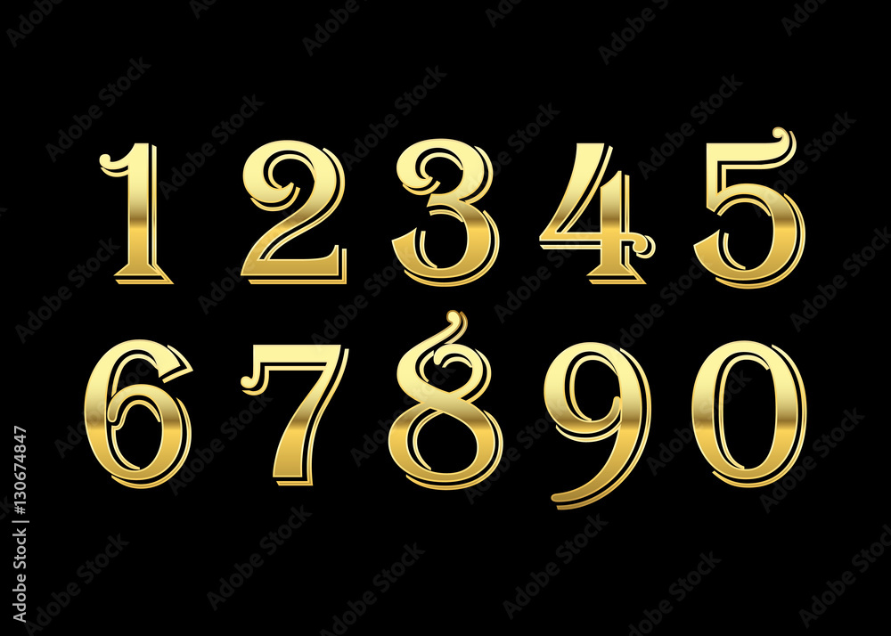 Gold 3d metallic numbers set. Golden metal texture font, isolated on ...