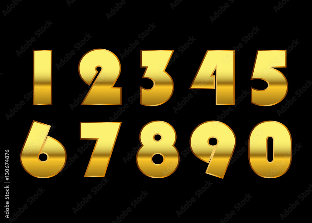 Gold 3d metallic numbers set. Golden metal texture font, isolated on ...