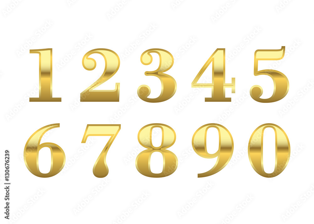 Gold 3d metallic numbers set. Golden metal texture font, isolated on ...