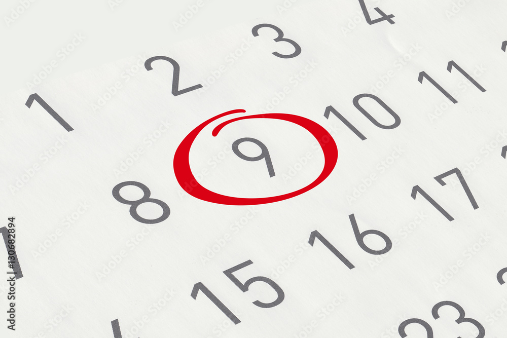 Mark the date number 9, focus point on the red marked number. Stock ...