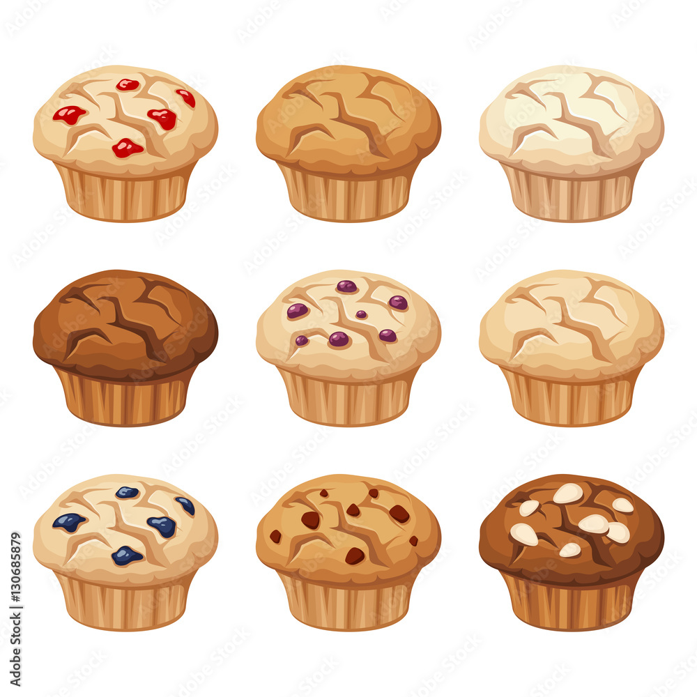 Vector set of various muffins with blueberry, almond, chocolate ...