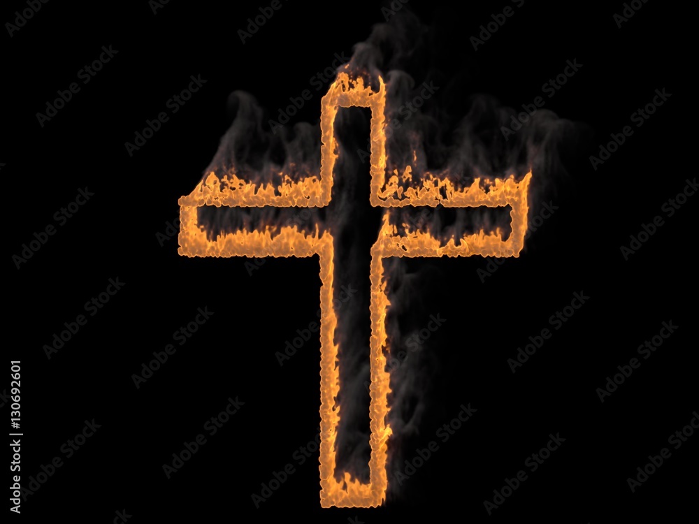 Cross on fire with fume. 3d render. Digital illustration Stock ...
