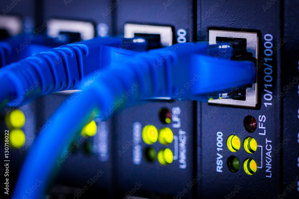 Network, connection, LED, Closeup of network hub and tighten the blue ...