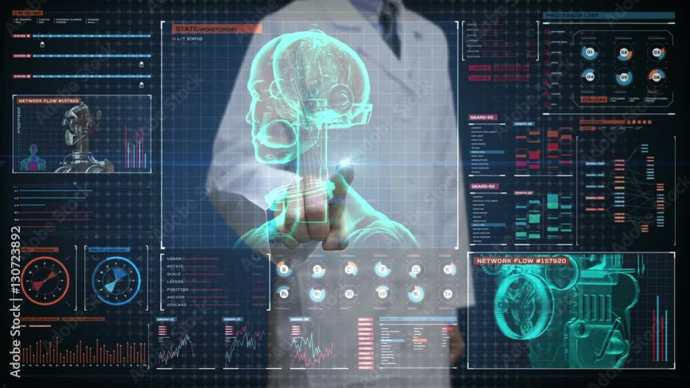 Doctor touching digital screen, Rotating scanning robot body in digital ...