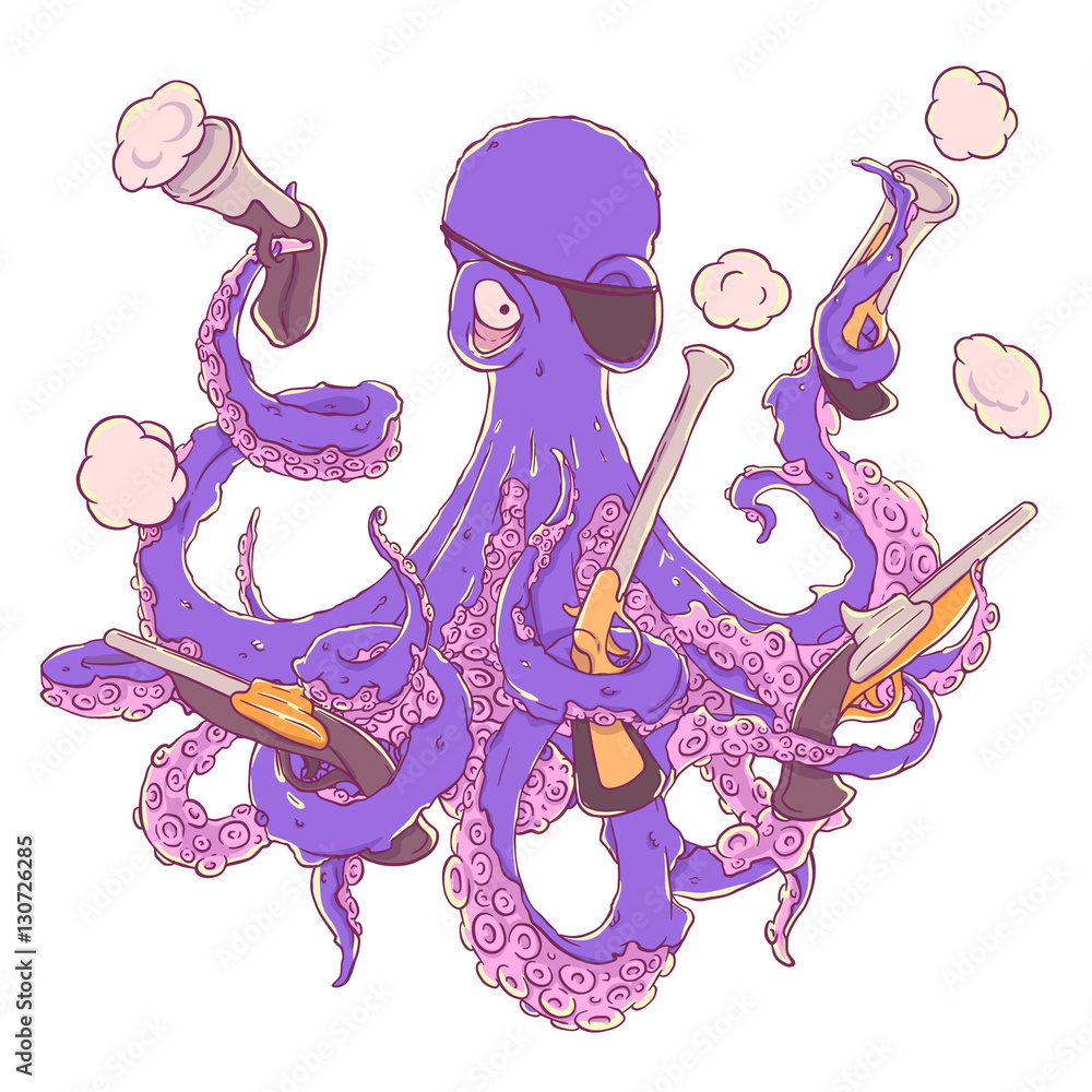 Angry pirate-octopus with a firearm in hand. Pistol, musket, pistol ...