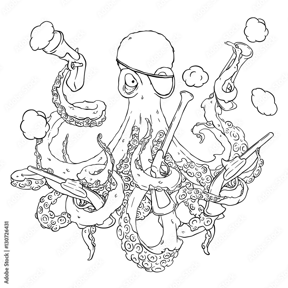 Angry pirate-octopus with a firearm in hand. Pistol, musket, pistol ...