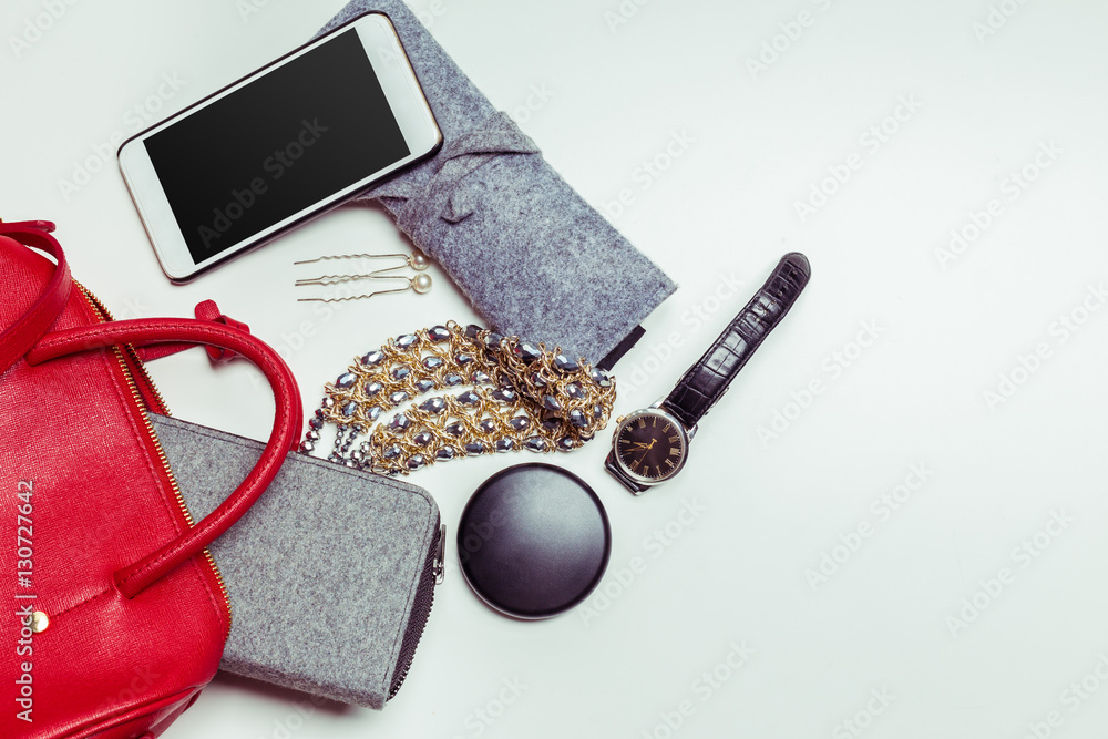 Contents of woman's bag Stock Photo | Adobe Stock