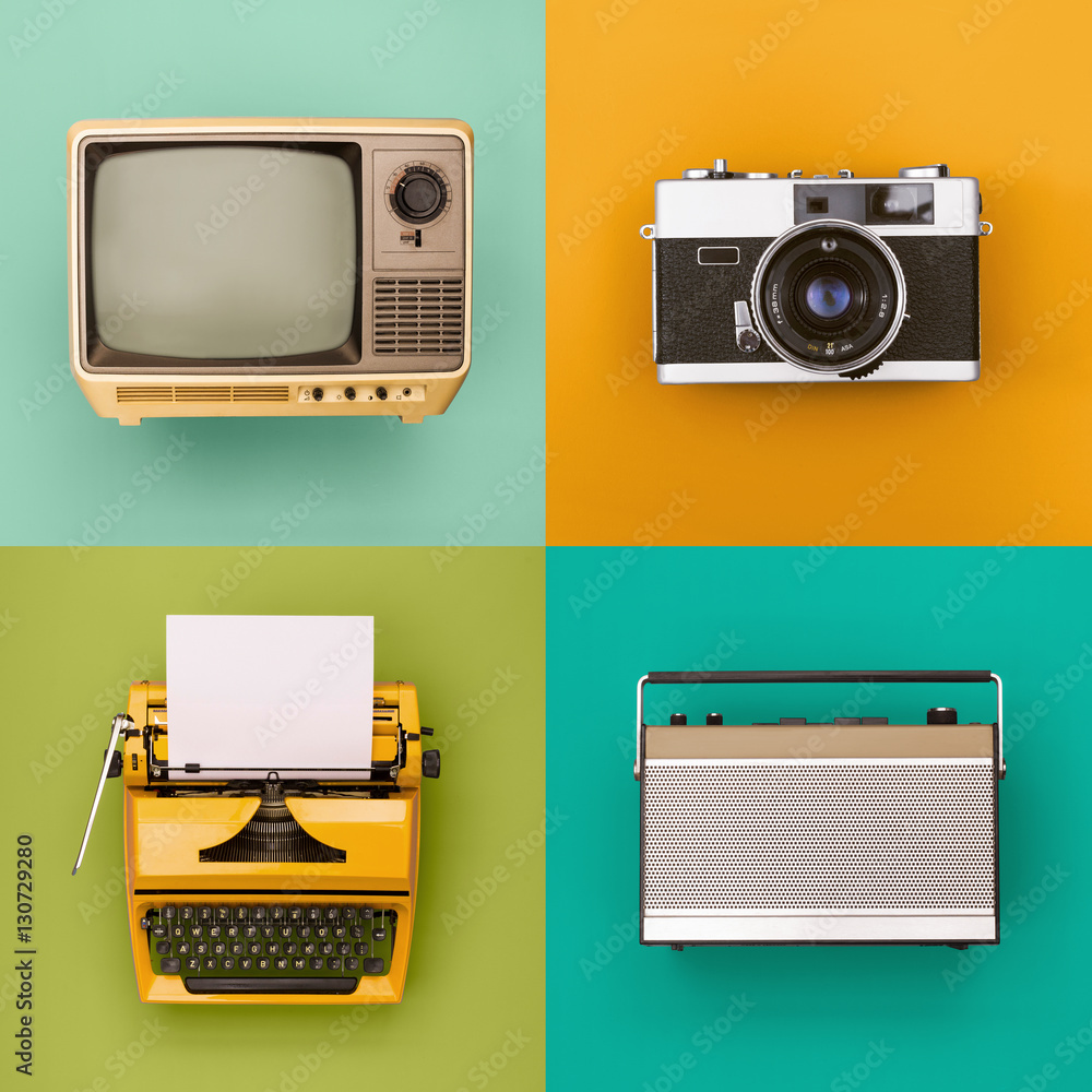 Vintage / retro tv, radio, camera, typewriter set Stock Photo | Adobe Stock