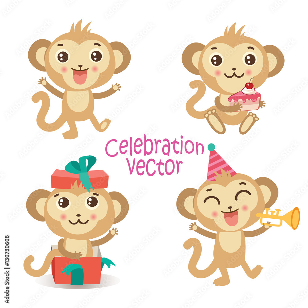 Set Of Cute Fun Monkey. Cartoon Animal. Celebration Vector Collection ...