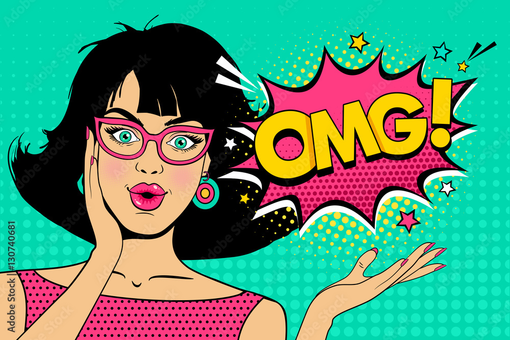 Wow Pop Art Female Face Sexy Surprised Young Woman In Glasses With