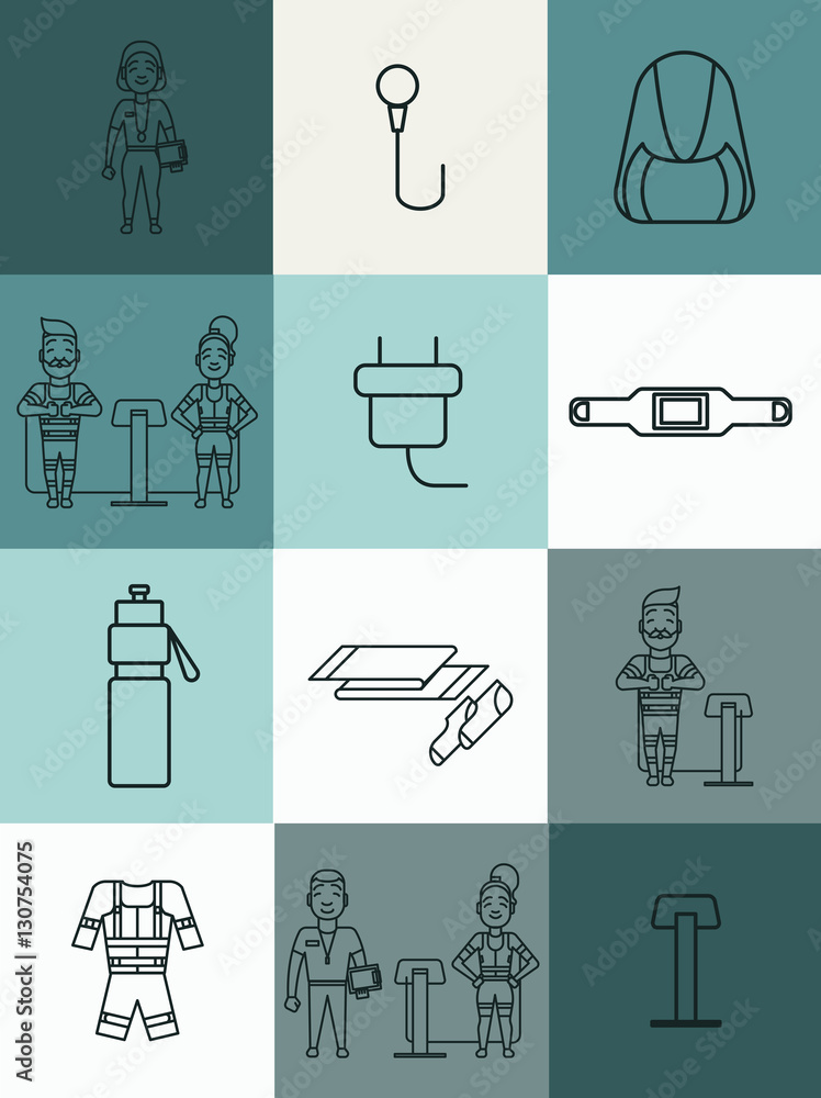 Ems training icons. Electric muscular stimulating fitness symbols ...