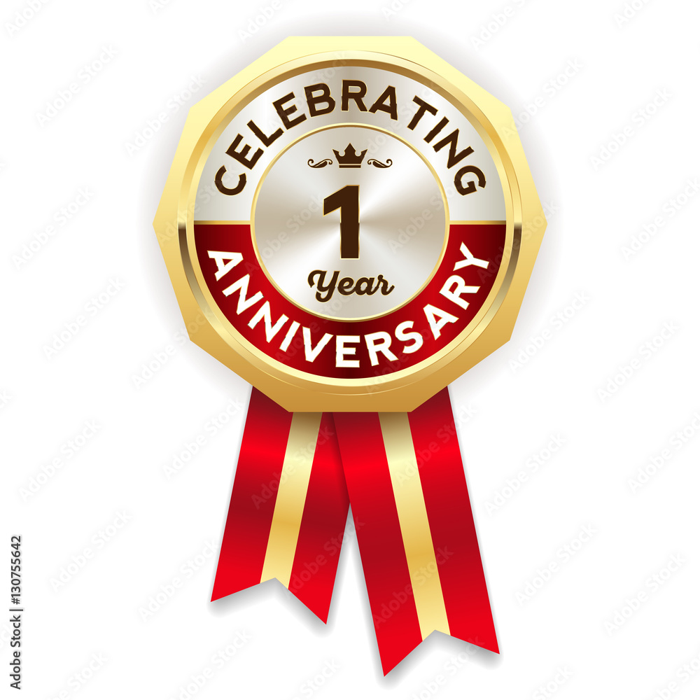 Red celebrating 1 year badge, rosette with gold border and ribbon Stock ...