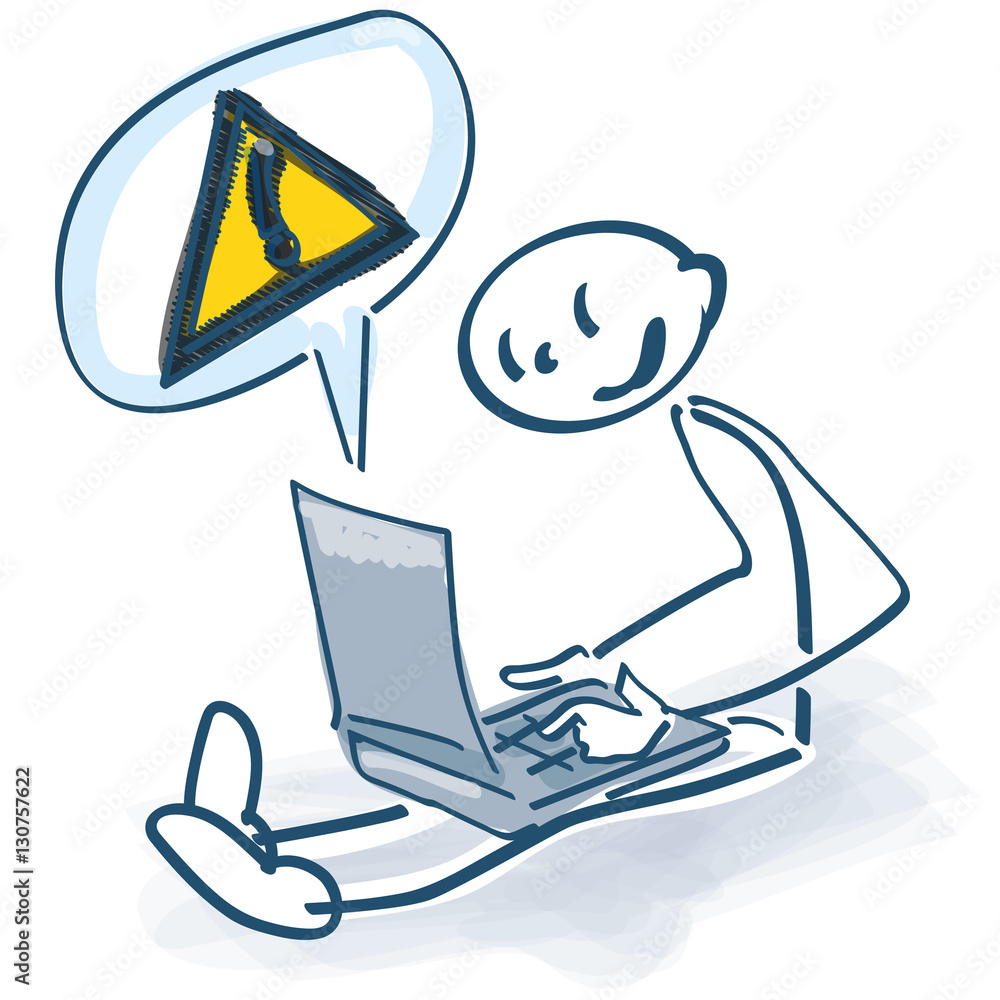 Strichmännchen mit Laptop und Rufzeichen Stock Vector | Adobe Stock
