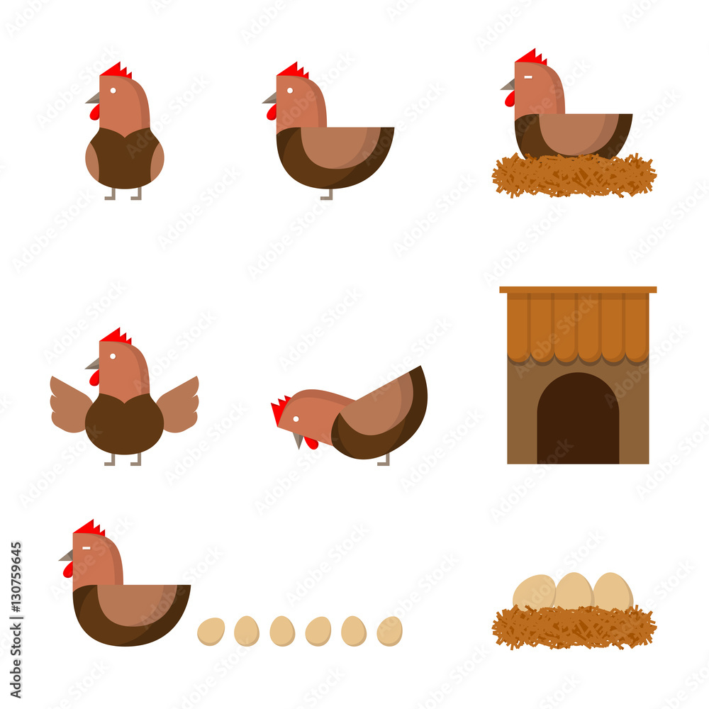 Hen chicken action story, hen house and haystack illustration icon set ...