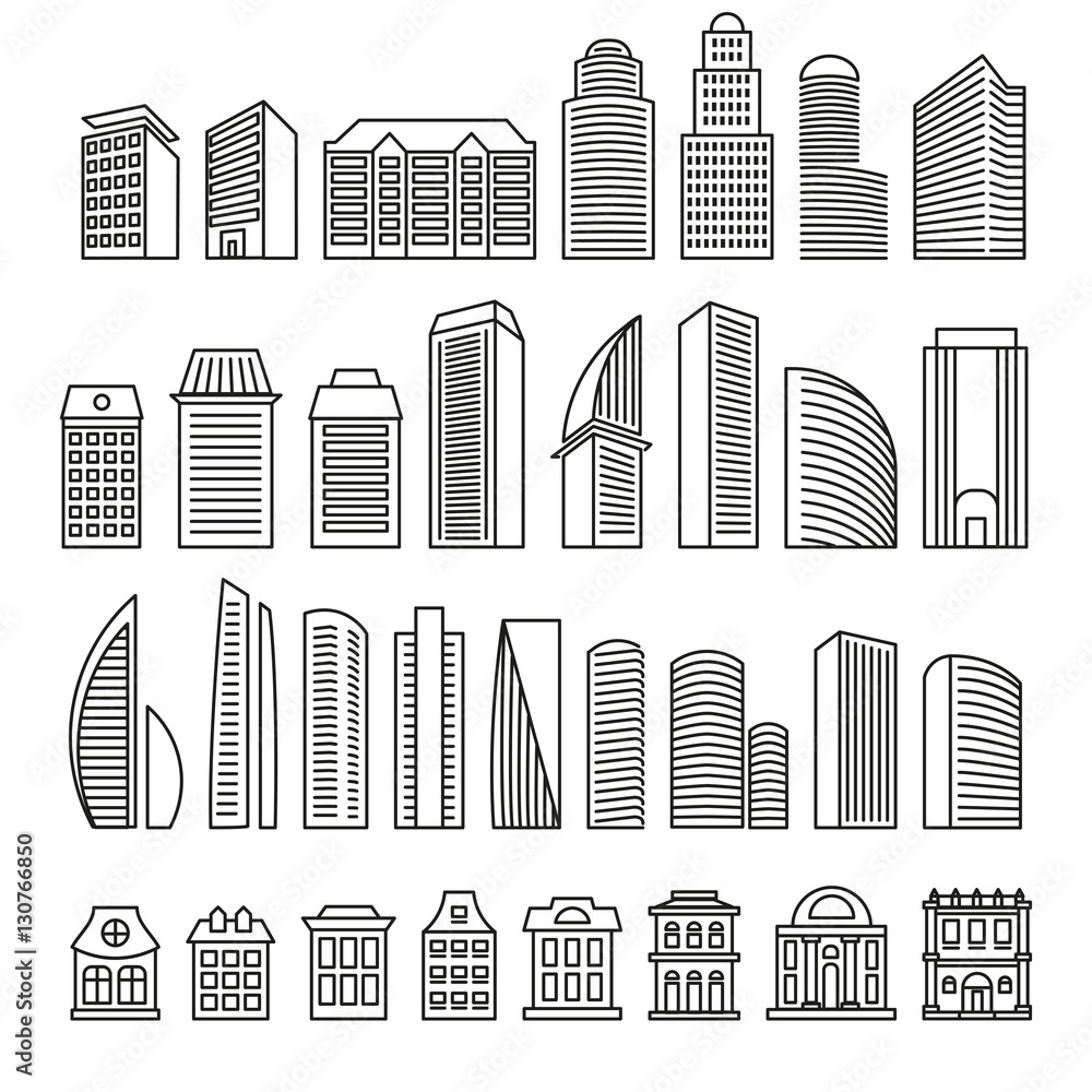 Isolated outlined in monochrome lines blocks of flats logo set. Vector ...