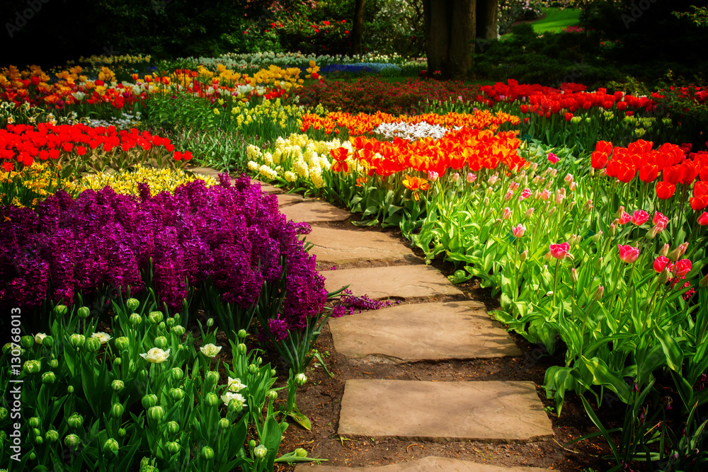 Stone path winding in spring flower garden with blossoming flowers ...