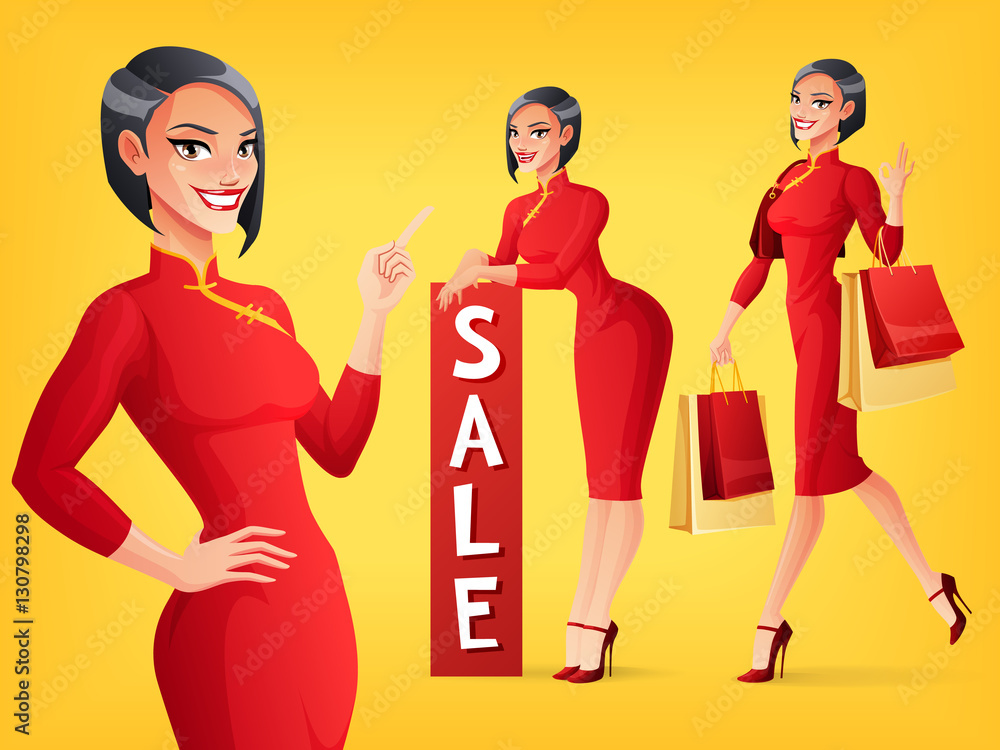 Beautiful Chinese woman in various poses. Vector set. Stock Vector ...