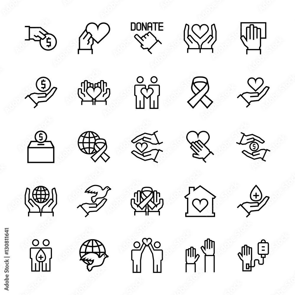 Charity, sponsorship,donation and donor icon set in thin line style ...