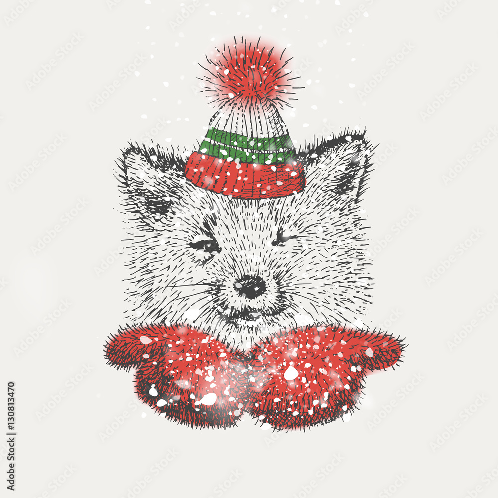 cute Fox mittens and a knitted hat blows the snow. freehand drawing ...