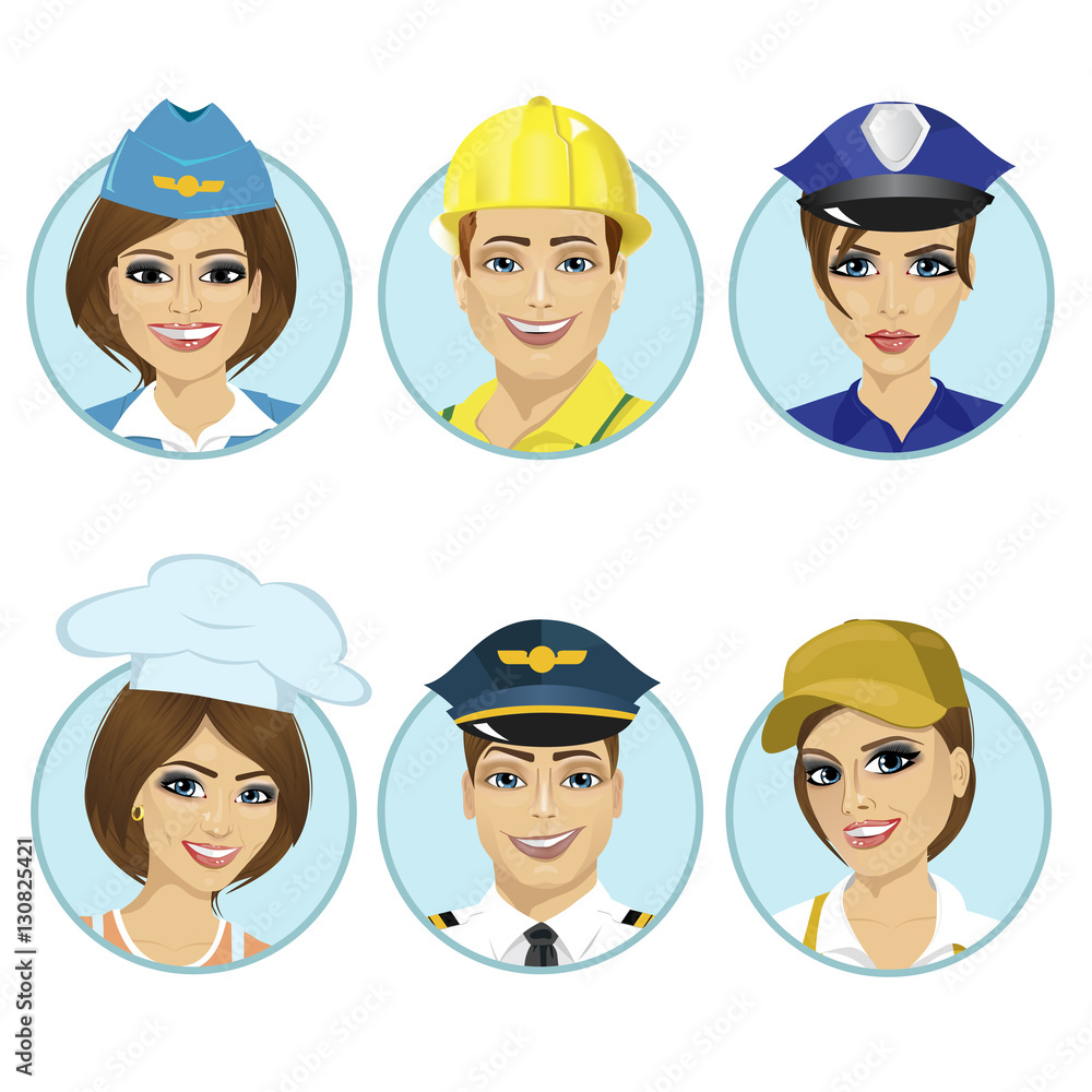 Set of avatars, working man, stewardess, policewoman, chef, pilot ...