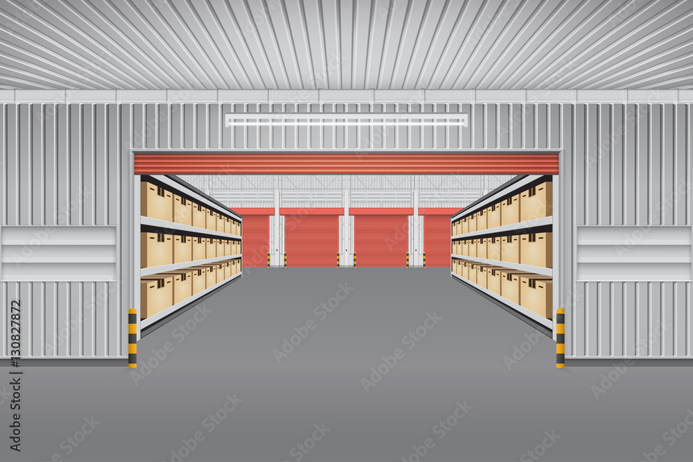 Warehouse or industrial building. Consist of cargo box on shelf and ...