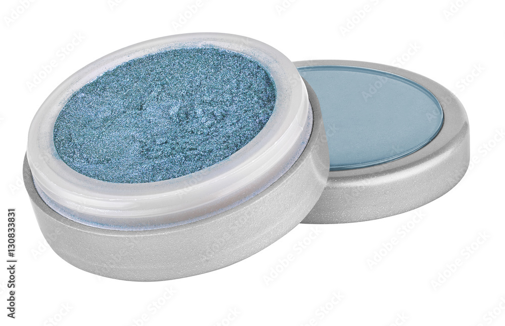 Blue color eyeshadow powder with glitter particles, in round grey open ...