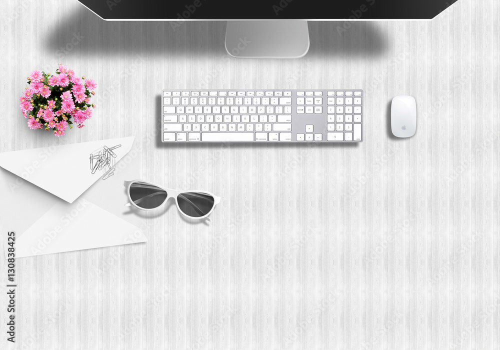 Computer on desk top view Stock Photo | Adobe Stock