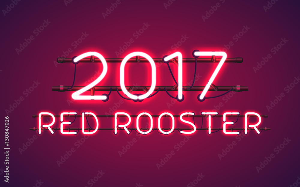 Glowing Red Neon sign 2017 RED ROOSTER as symbol of 2017 on the Chinese ...