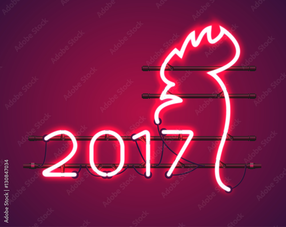Glowing Red Neon sign 2017 and head silhouette of red rooster as symbol ...