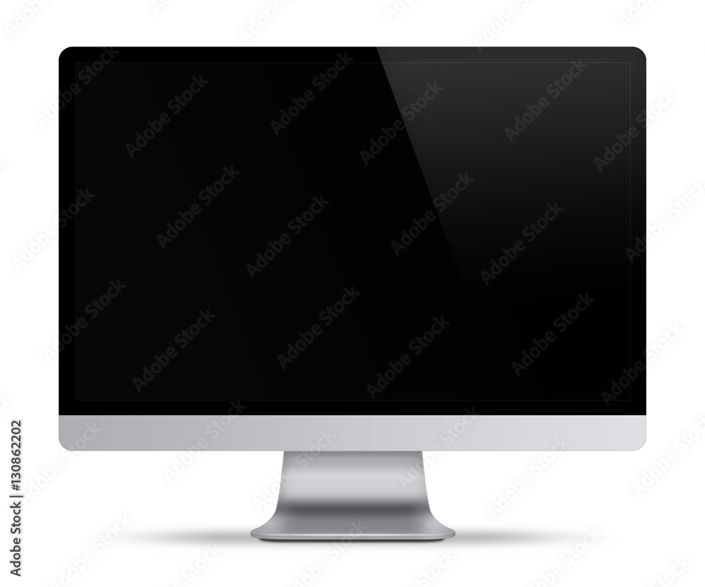 Computer display with empty black screen. Front view. Isolated on white ...