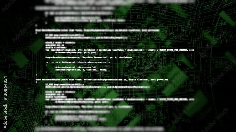 A flow of source code text (instructions for a computer program), in tilt-shift, scrolling over ...