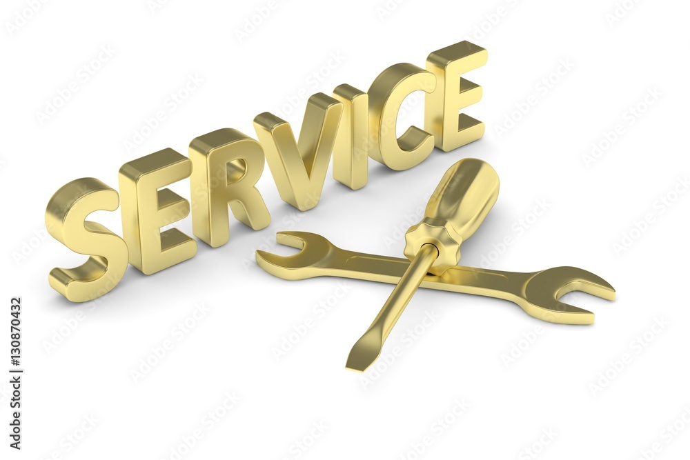 gold screwdriver and wrench tools on white background. service concept ...