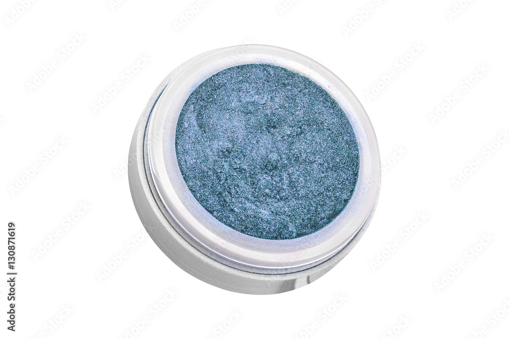 Blue color eyeshadow powder with glitter particles, in round grey open ...