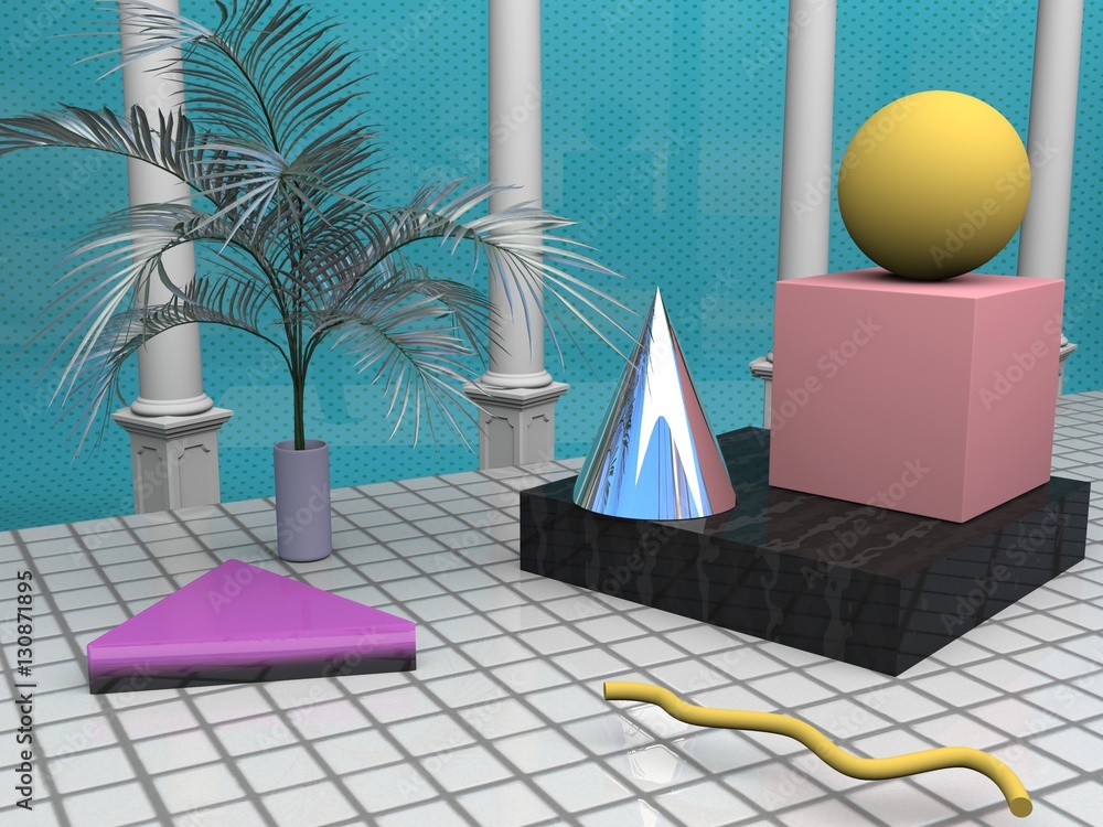 Abstract vaporwave geometry sell life with pink cube, yellow sphere ...