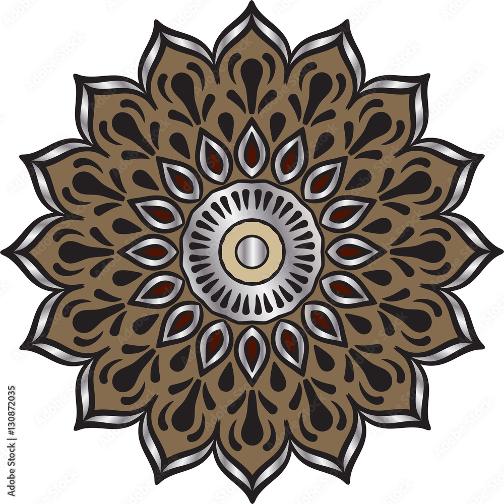 Drawing of a floral mandala in maroon, silver and brown colors on a ...