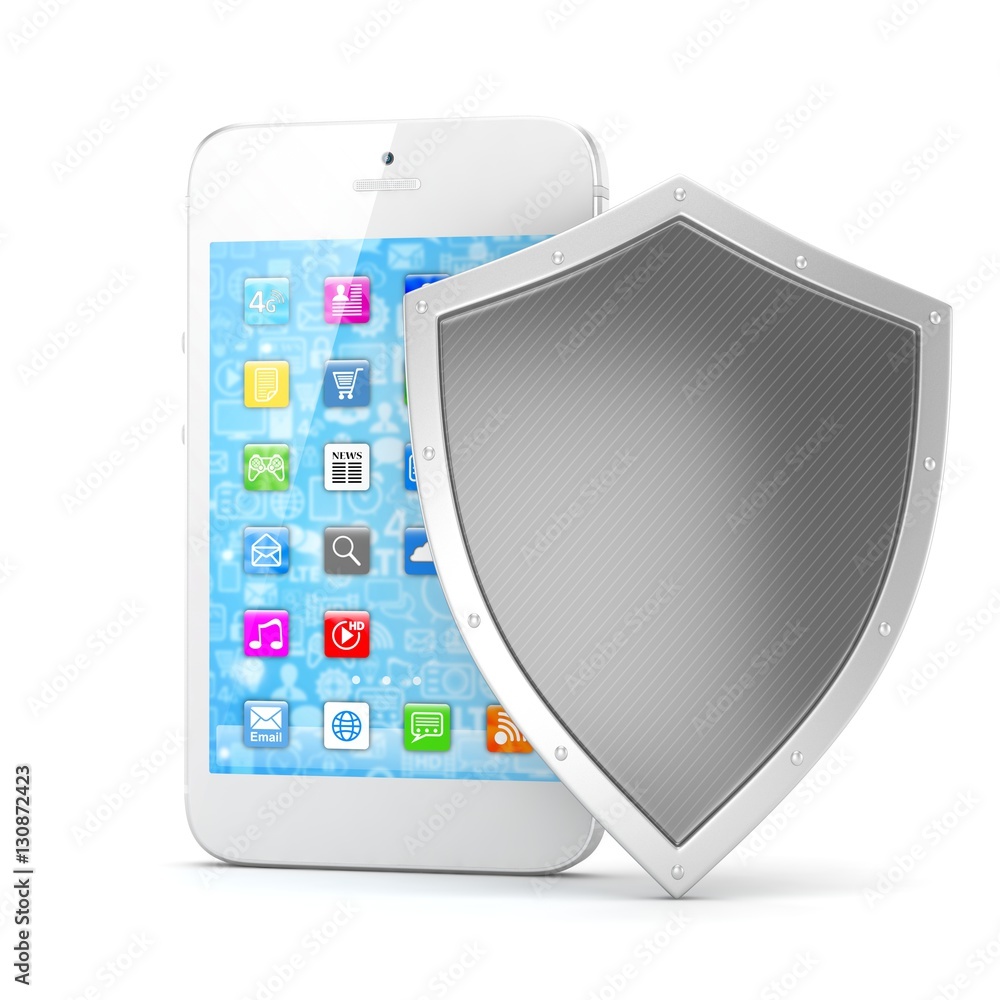 Smartphone and shield on white, security concept. 3d rendering. Stock ...