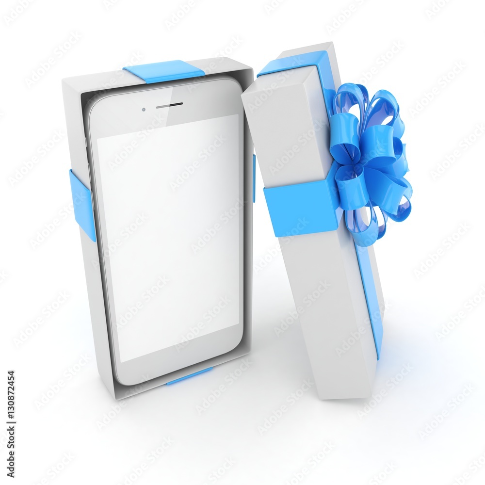 Smartphone in gift box. Isolated on white background. 3d rendering ...