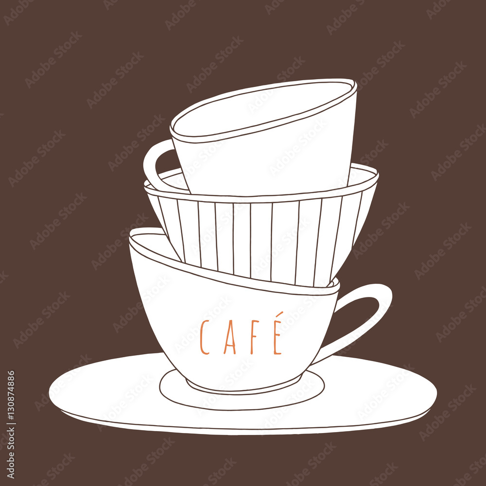Stacked cups illustration. Hand drawn set of cups. Cafe vector design ...